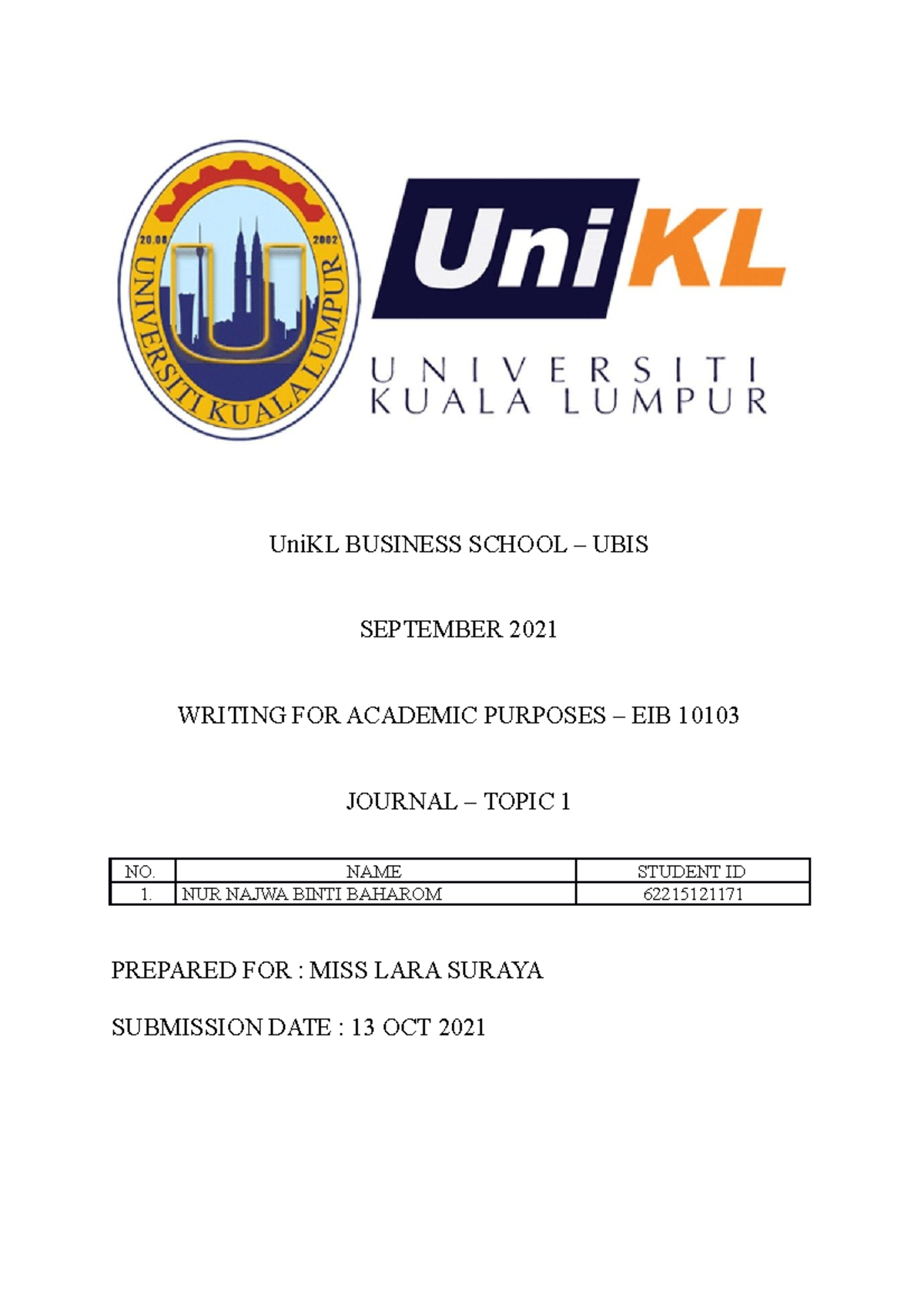 Journals - good - UniKL BUSINESS SCHOOL – UBIS SEPTEMBER 2021 WRITING ...