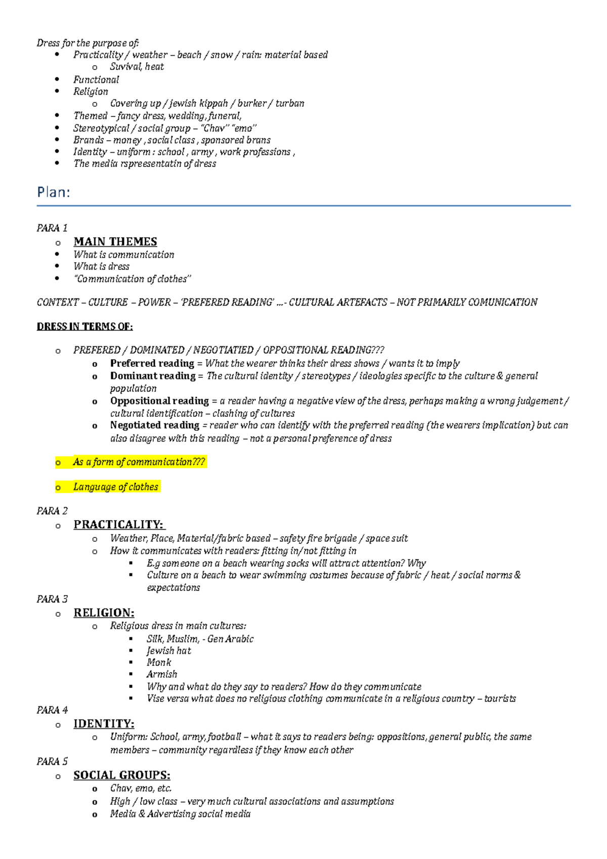 Dress Plan1 - Planning for final essay including sources references and ...