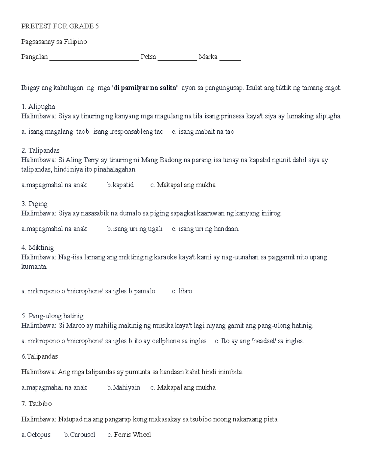 Practice Problems that can help you specially on filipino - PRETEST FOR ...