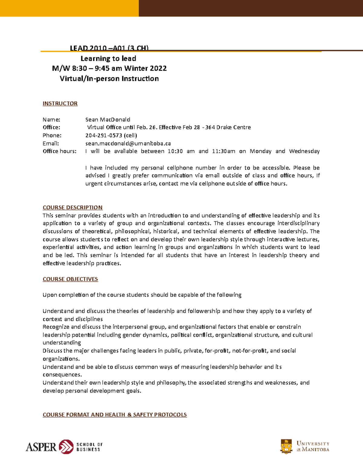 LEAD2010 A01W22 learning to lead course outline - LEAD 2010 –A01 (3 CH ...