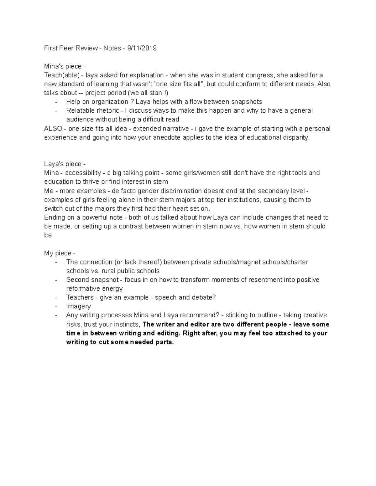 First Peer Review - Notes - 9 11 2019 - First Peer Review - Notes - 9 ...