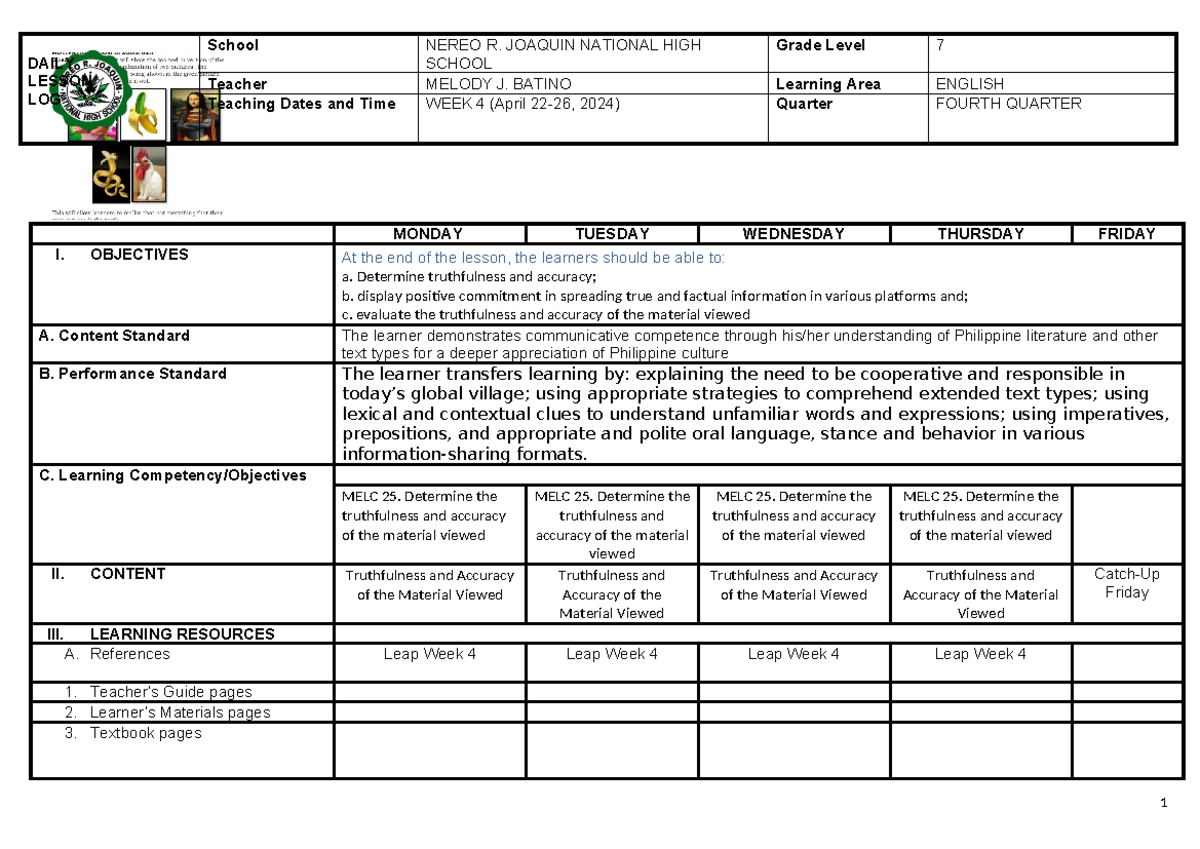 WEEK 4 ( April 22-26) - lesson plan - MONDAY TUESDAY WEDNESDAY THURSDAY ...