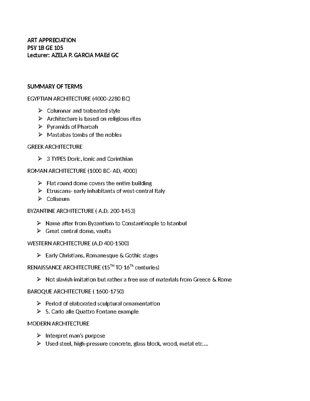 Architectures - Appreciation for architecture - ART APPRECIATION PSY 1B ...