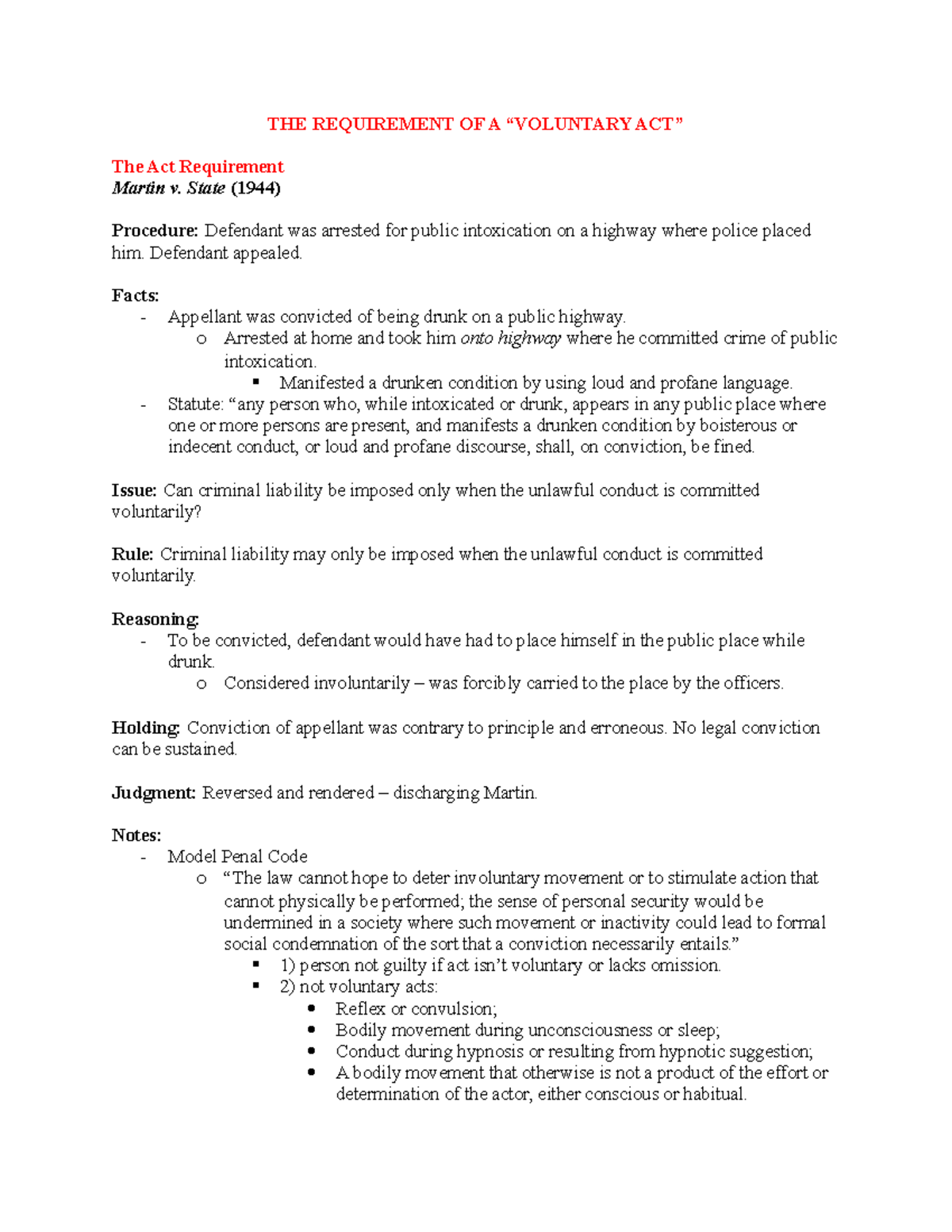 Crim Law - Class 2 - actus reus - THE REQUIREMENT OF A “VOLUNTARY ACT ...