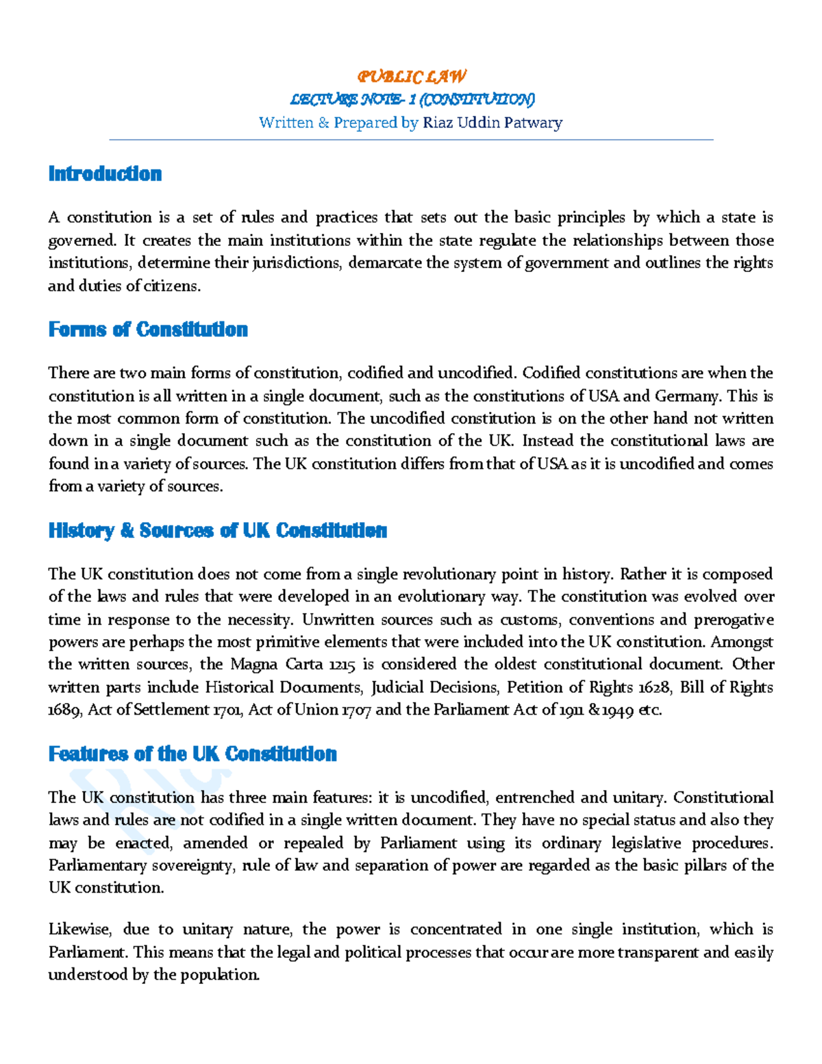 Constitution Sample Answer - PUBLIC LAW LECTURE NOTE- 1 (CONSTITUTION ...