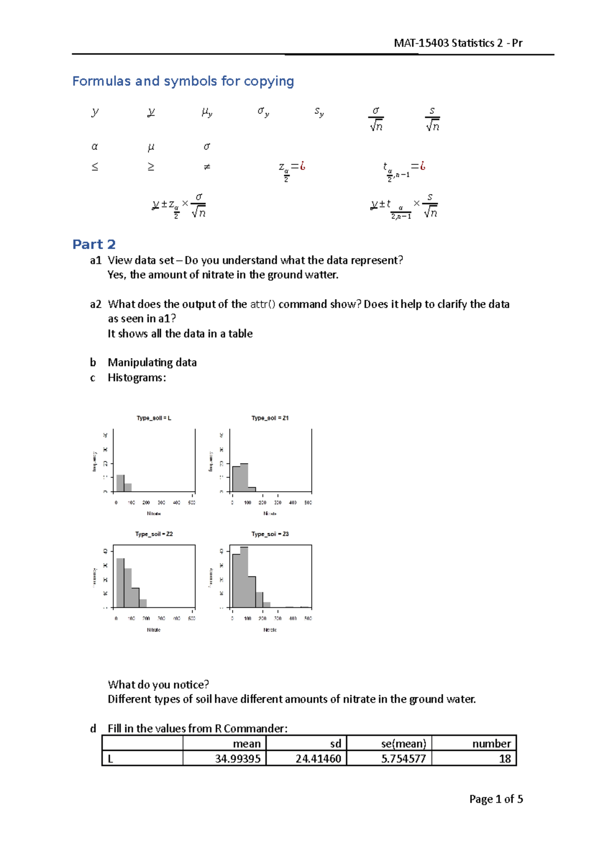 Form practicum 1 digital - MAT-15403 Statistics 2 - Pr Formulas and ...