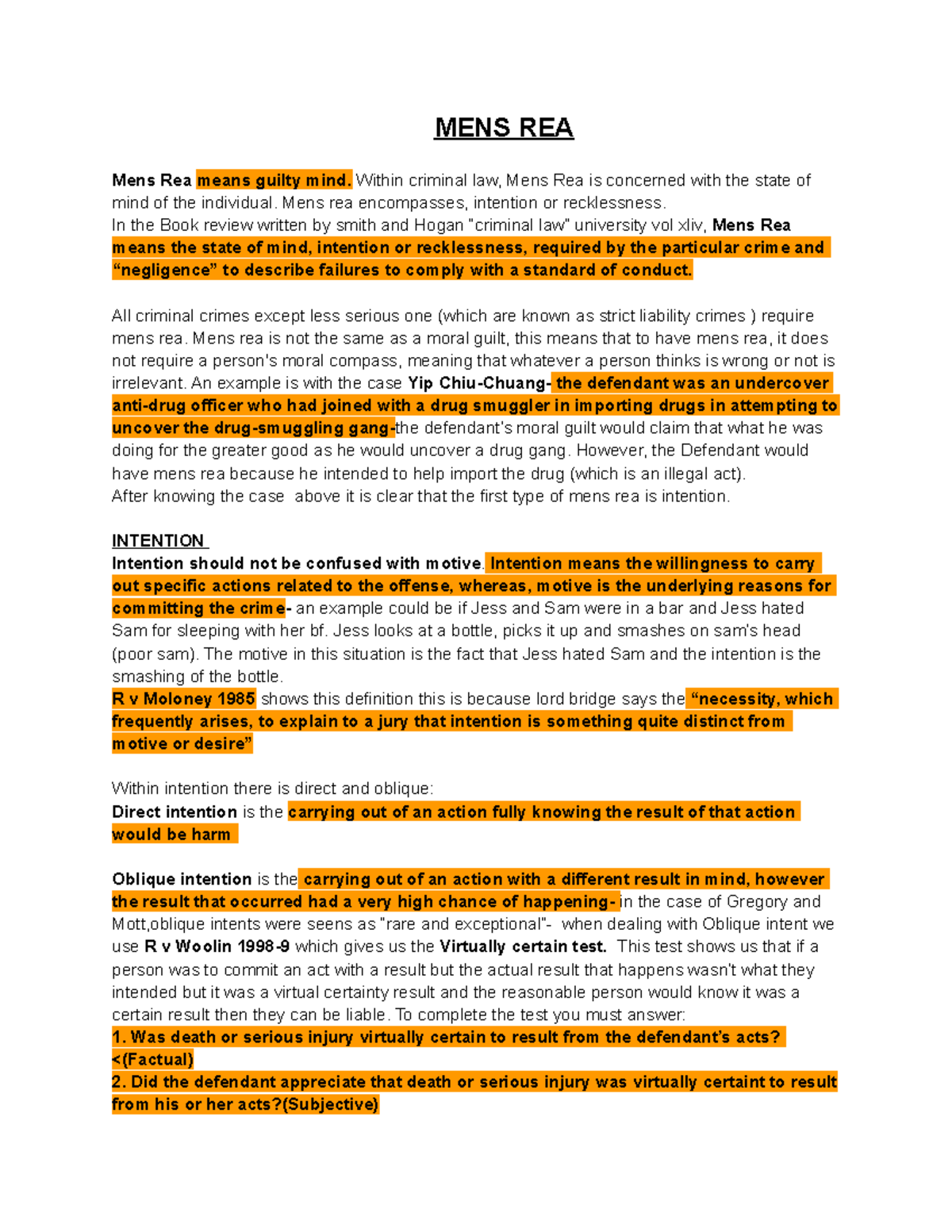 mens rea notes with cases - MENS REA Mens Rea means guilty mind. Within ...