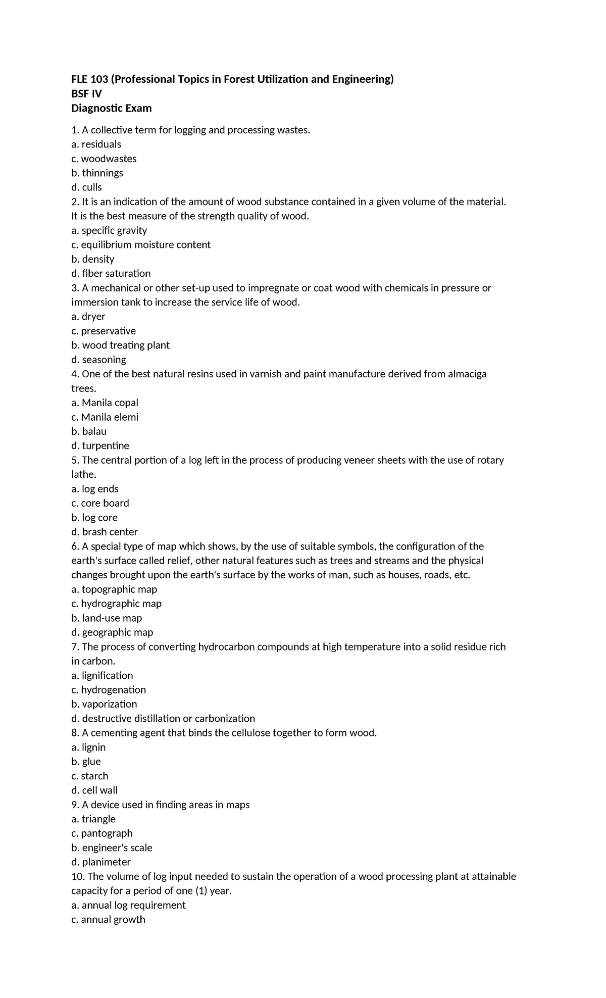 FLE 103 diagnostic exam - FLE 103 (Professional Topics in Forest ...