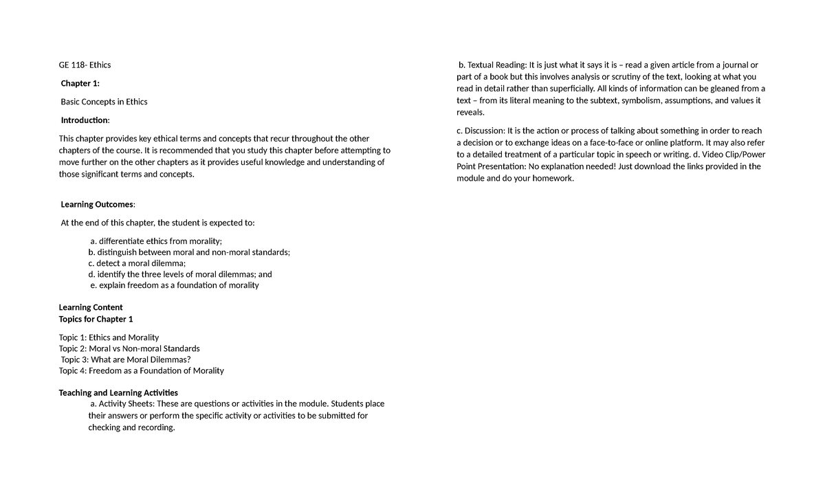 GE 118- Handout 1 - GE 118- Ethics Chapter 1: Basic Concepts in Ethics Introduction: This ...