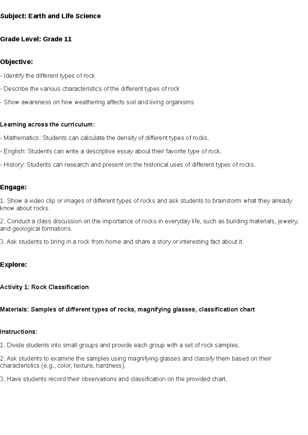 Lesson plan - Subject: Earth and Life Science Grade Level: Grade 11 ...