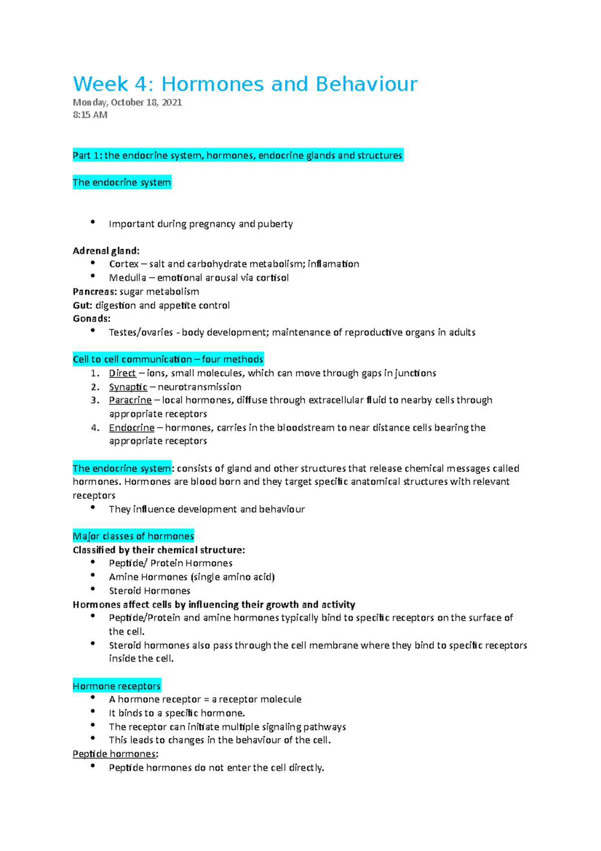 Week 4 Hormones and Behaviour - Week 4: Hormones and Behaviour Monday ...