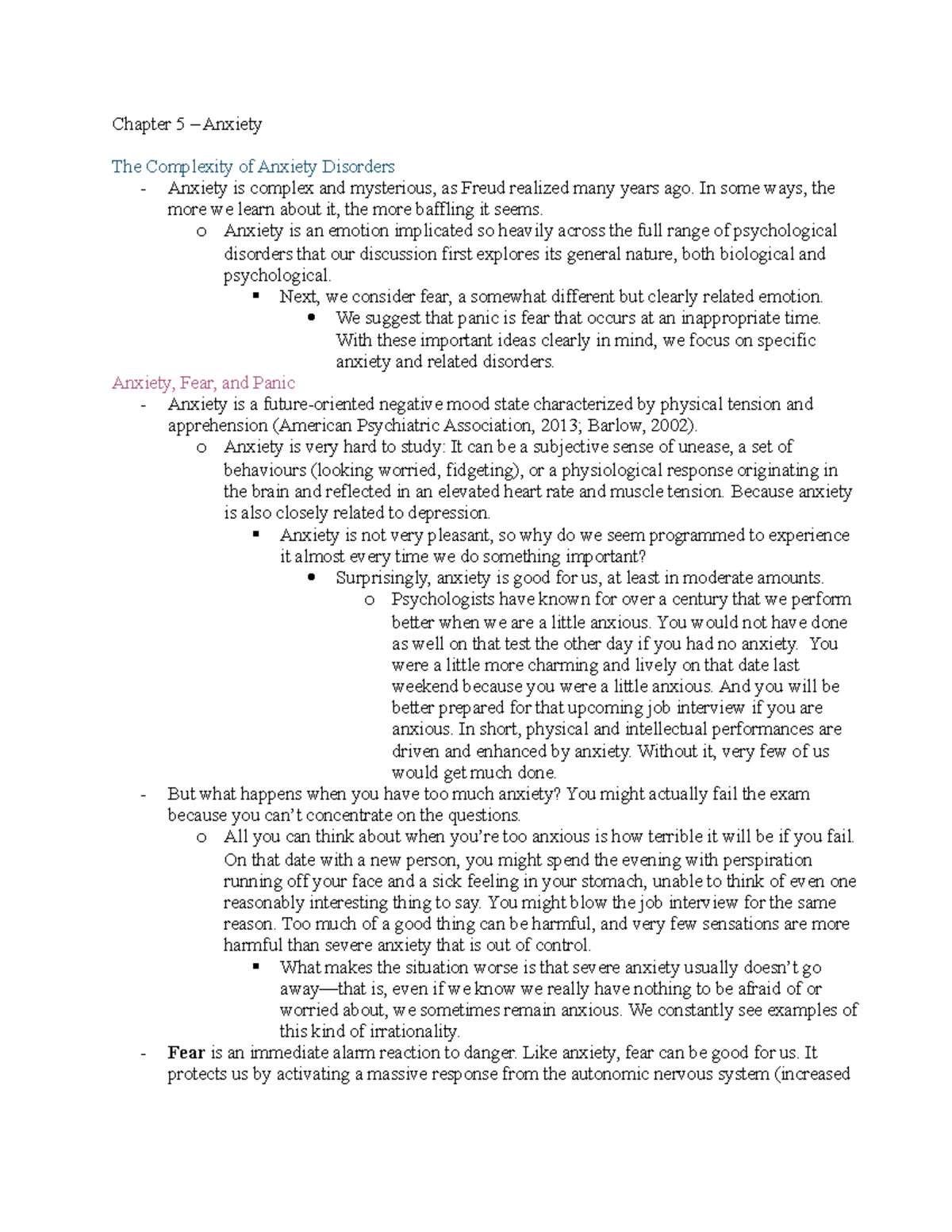 Chapter 5 & 6 - Readings - Chapter 5 – Anxiety The Complexity of ...