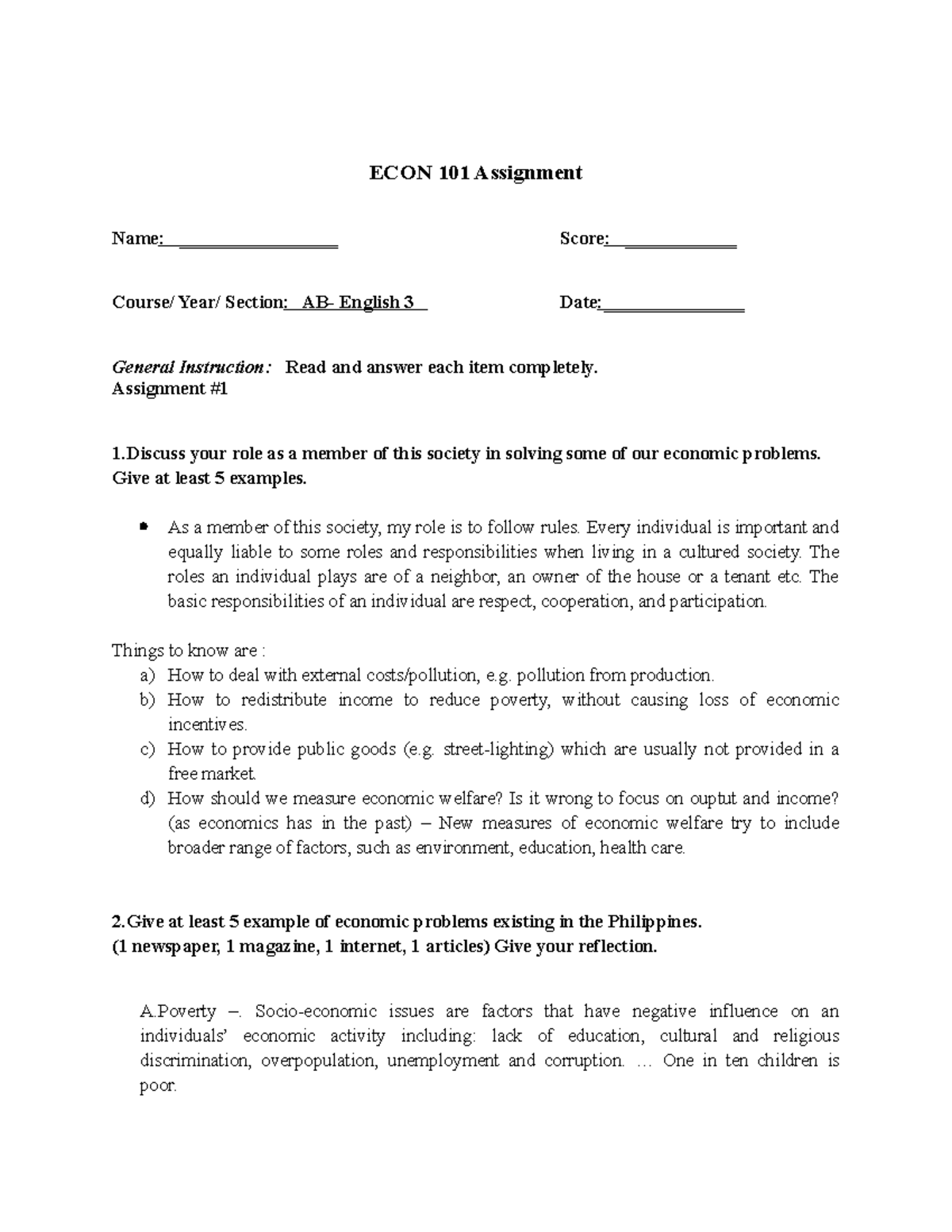 ECON101-Assignment - solving some economic problems - ECON 101 ...