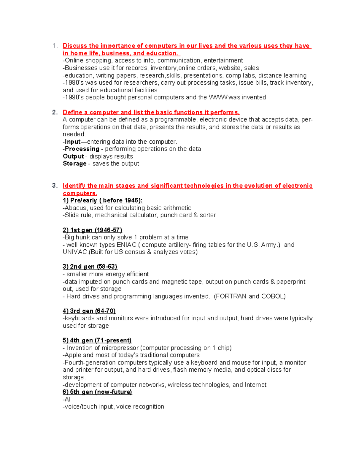 Comp - Notes for unit 1 - 1. Discuss the importance of computers in our ...