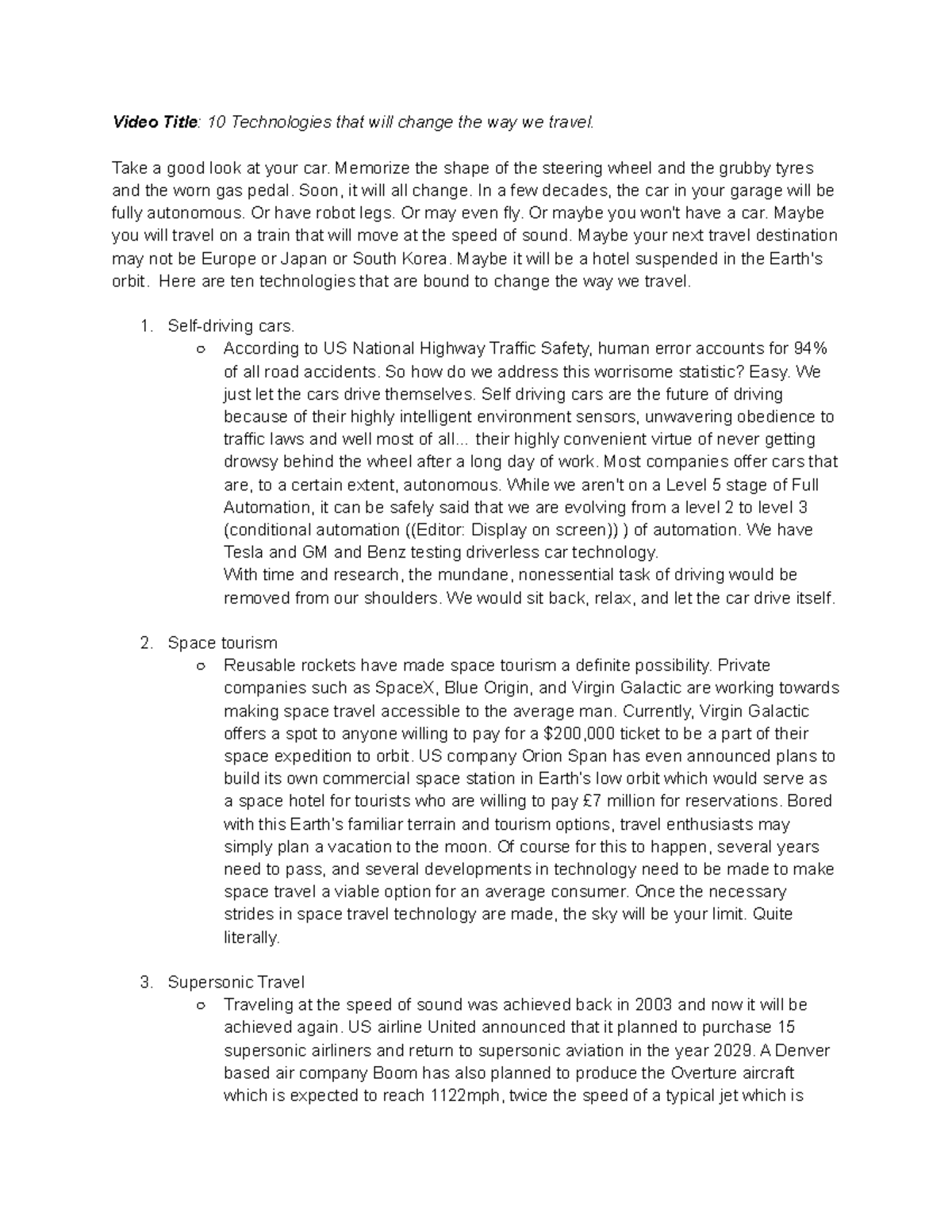 Tech script 2 - Notes - Video Title: 10 Technologies that will change ...