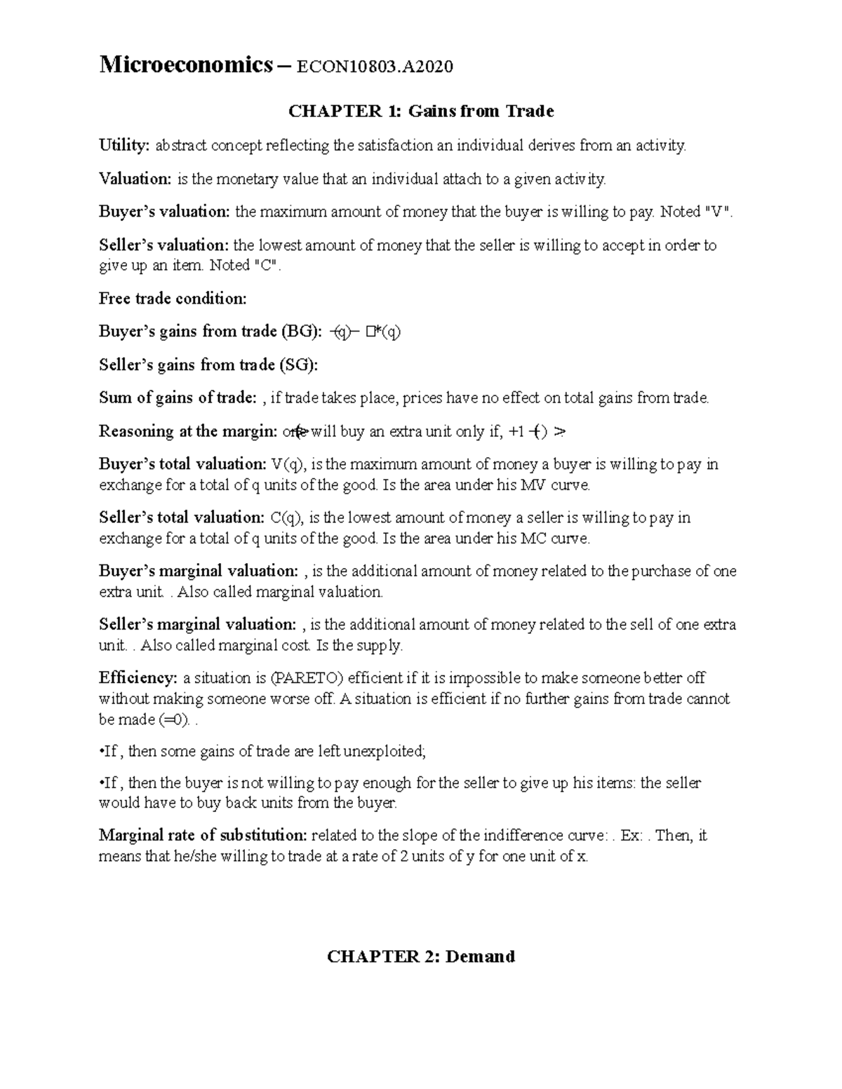 Microeconomic analysis fiches - Microeconomics – ECON10803 CHAPTER 1: Gains from Trade Utility ...