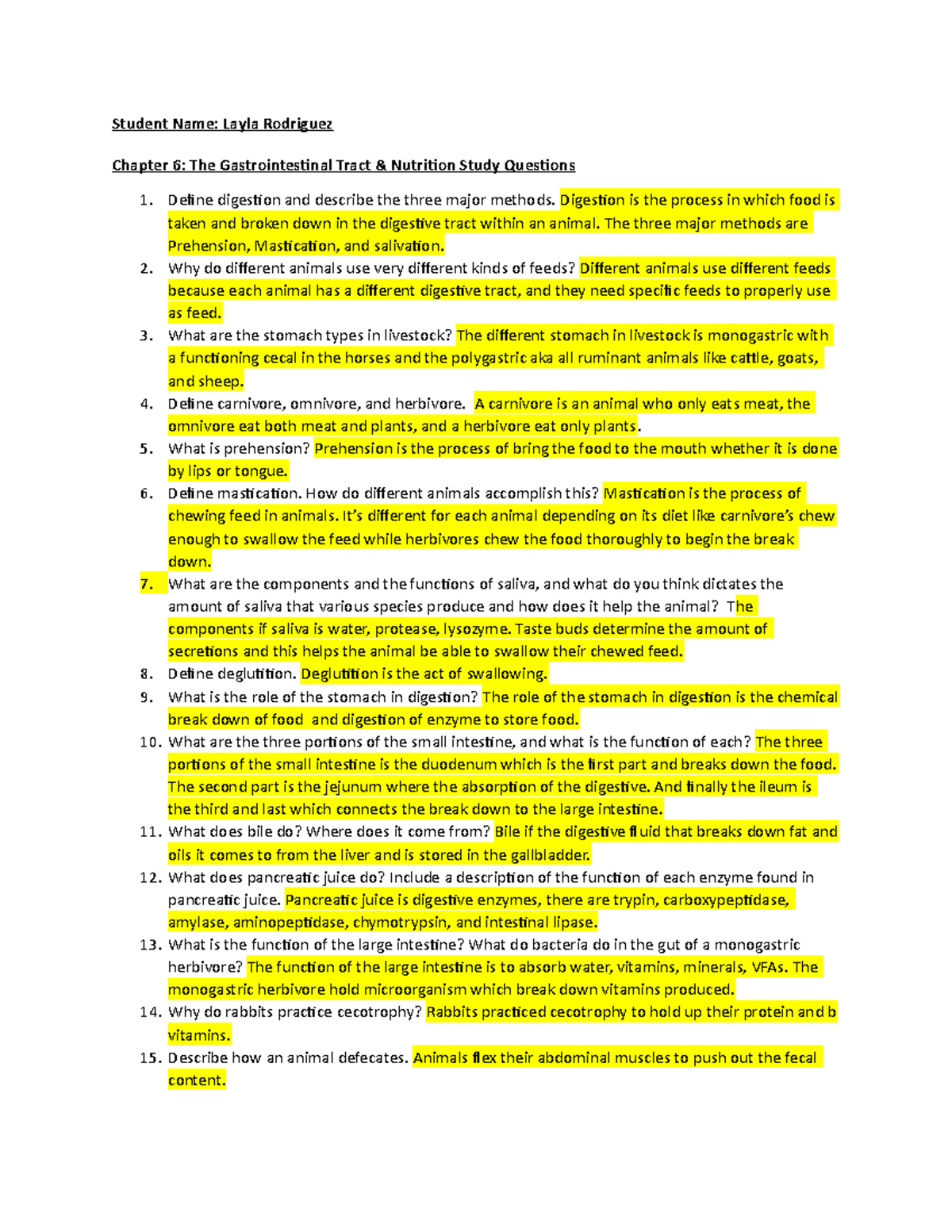 Animal Science Chapter 6 Study Questions-1 - Student Name: Layla ...