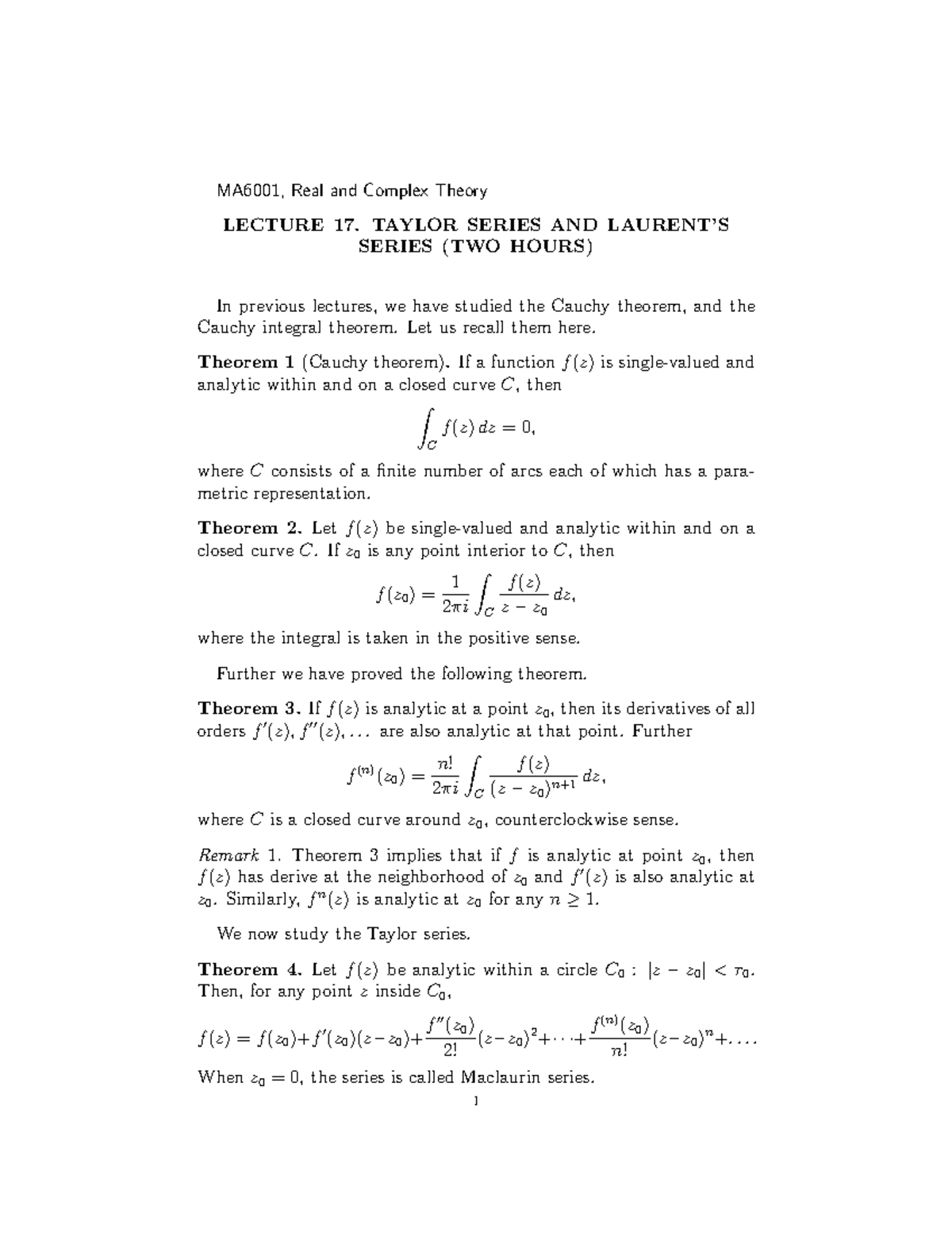 Lecture Notes 17 Real And Complex Function Theory Ma6001 Real And Complex Theory Lecture 17