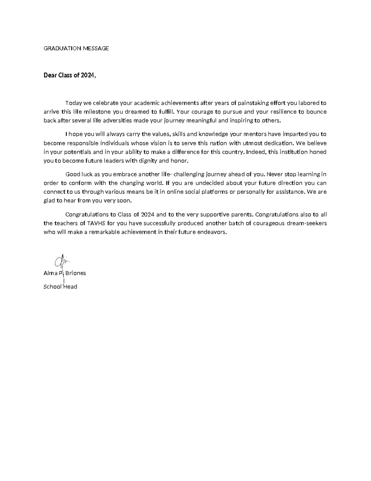 Graduation Messag 1- Class 2024 - GRADUATION MESSAGE Dear Class of 2024 ...