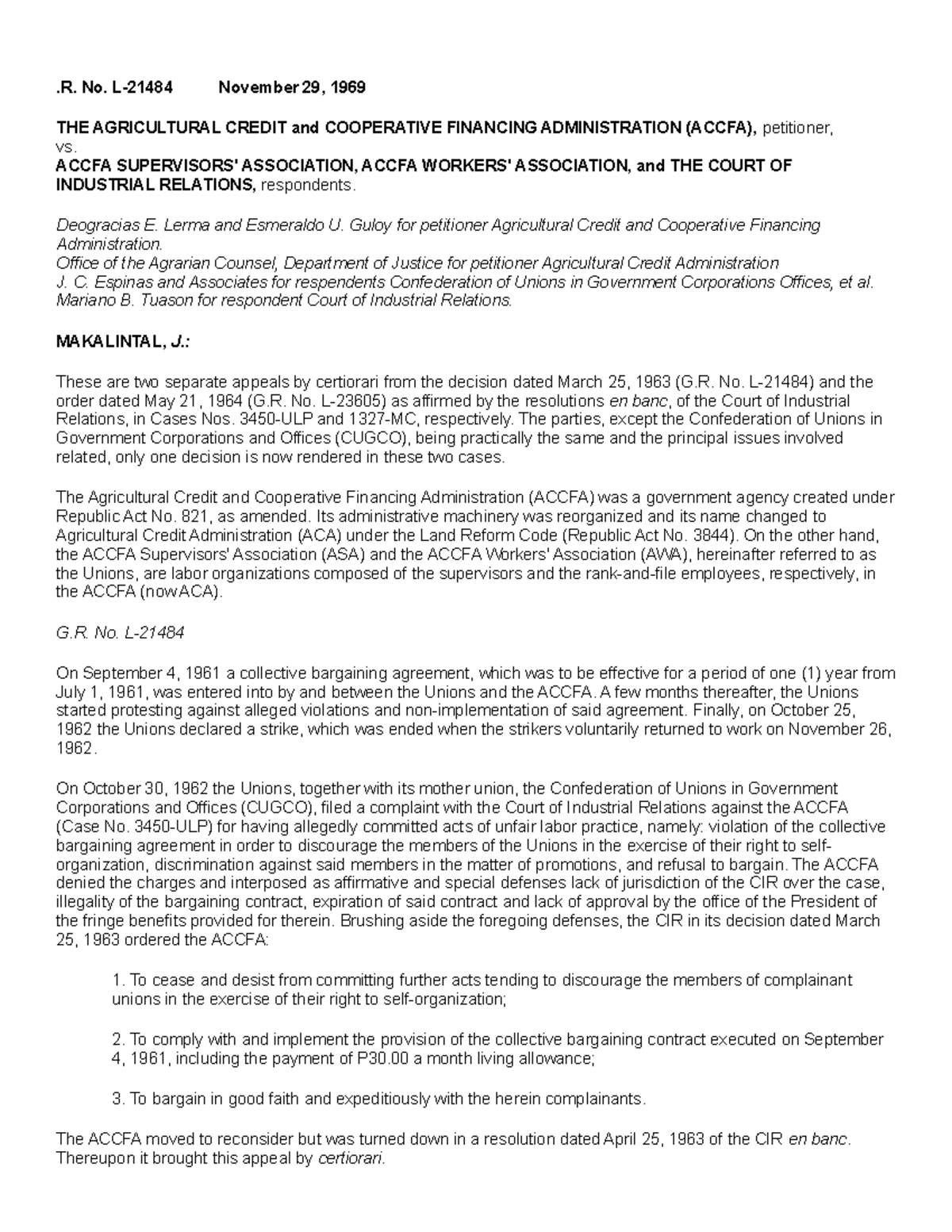 Accfa vs Federation of Labor Unions - .R. No. L-21484 November 29, 1969 ...