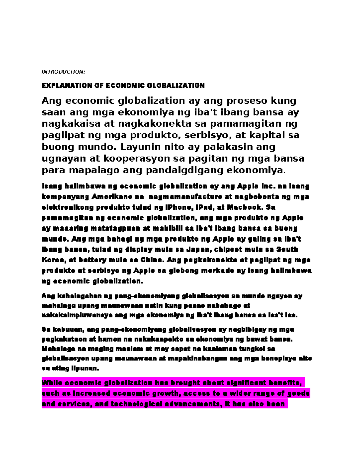 Cotemp - n/a - INTRODUCTION: EXPLANATION OF ECONOMIC GLOBALIZATION Ang ...