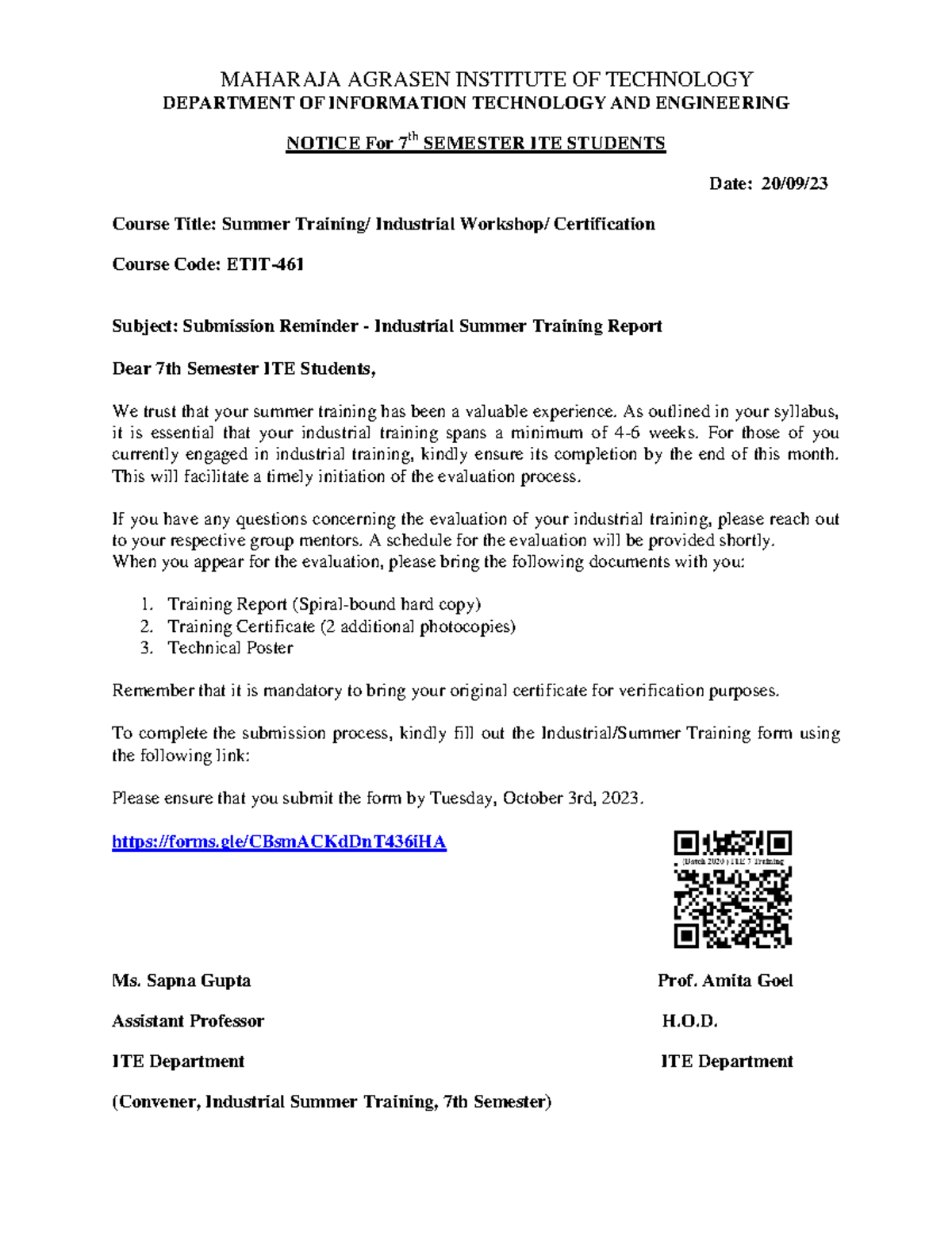 Notice-Industrial Training 7th Semester - MAHARAJA AGRASEN INSTITUTE OF ...