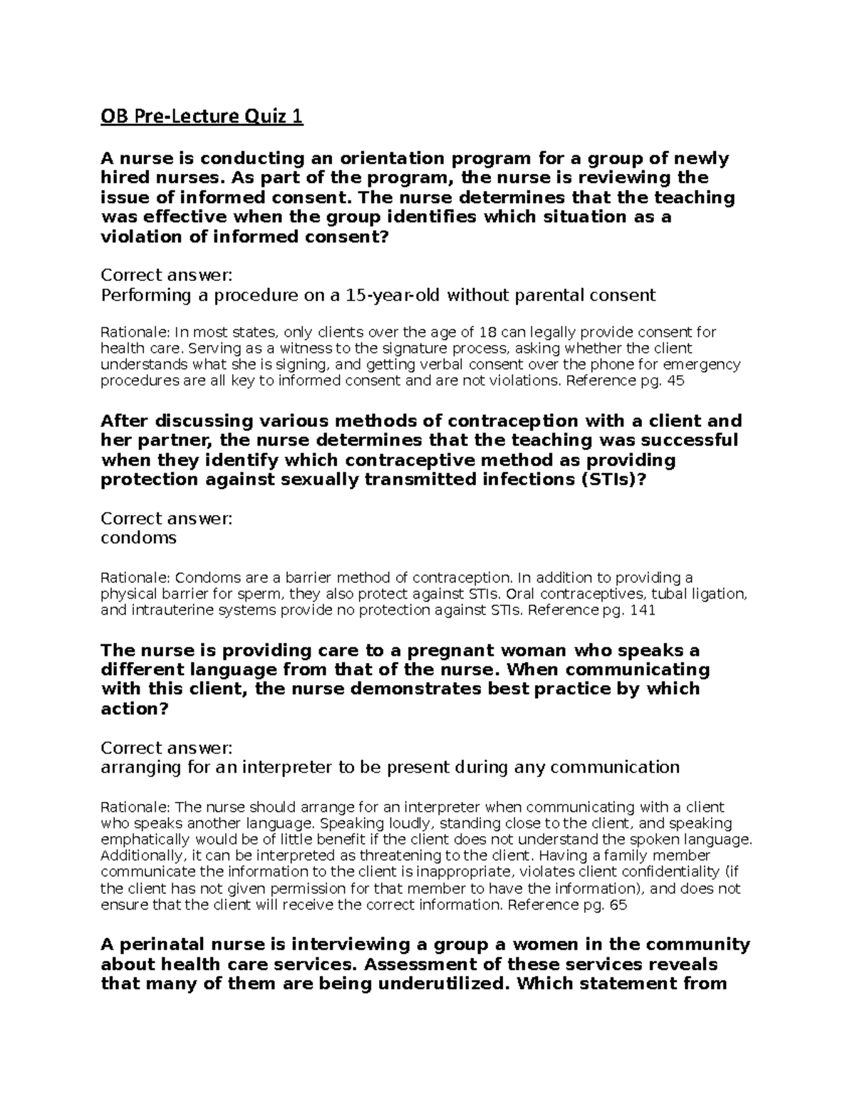 OB Pre-Lecture Quiz 1 - OB Pre-Lecture Quiz - OB Pre-Lecture Quiz 1 A nurse is conducting an ...