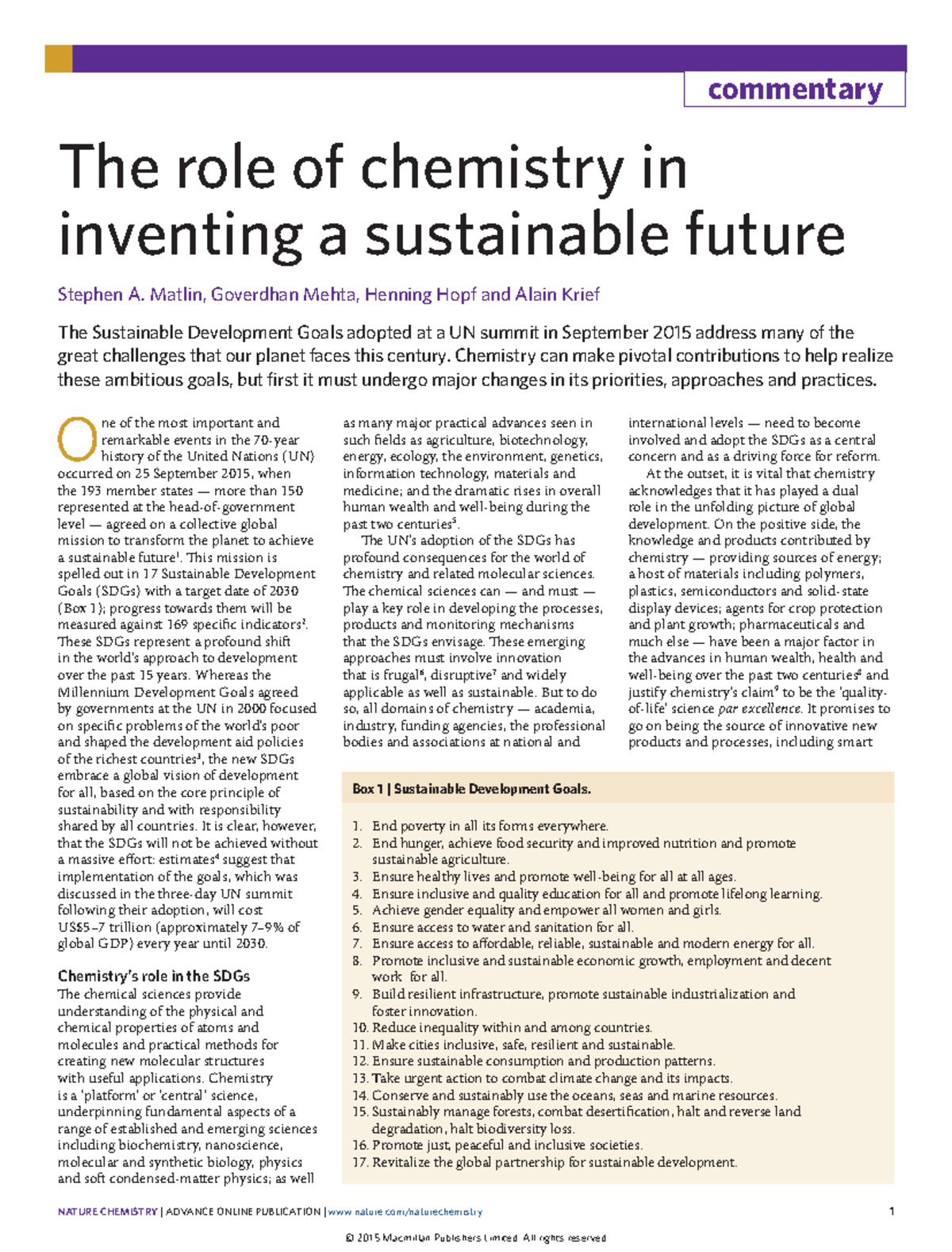 The role of Chemistry in inventing a sustainable future ...