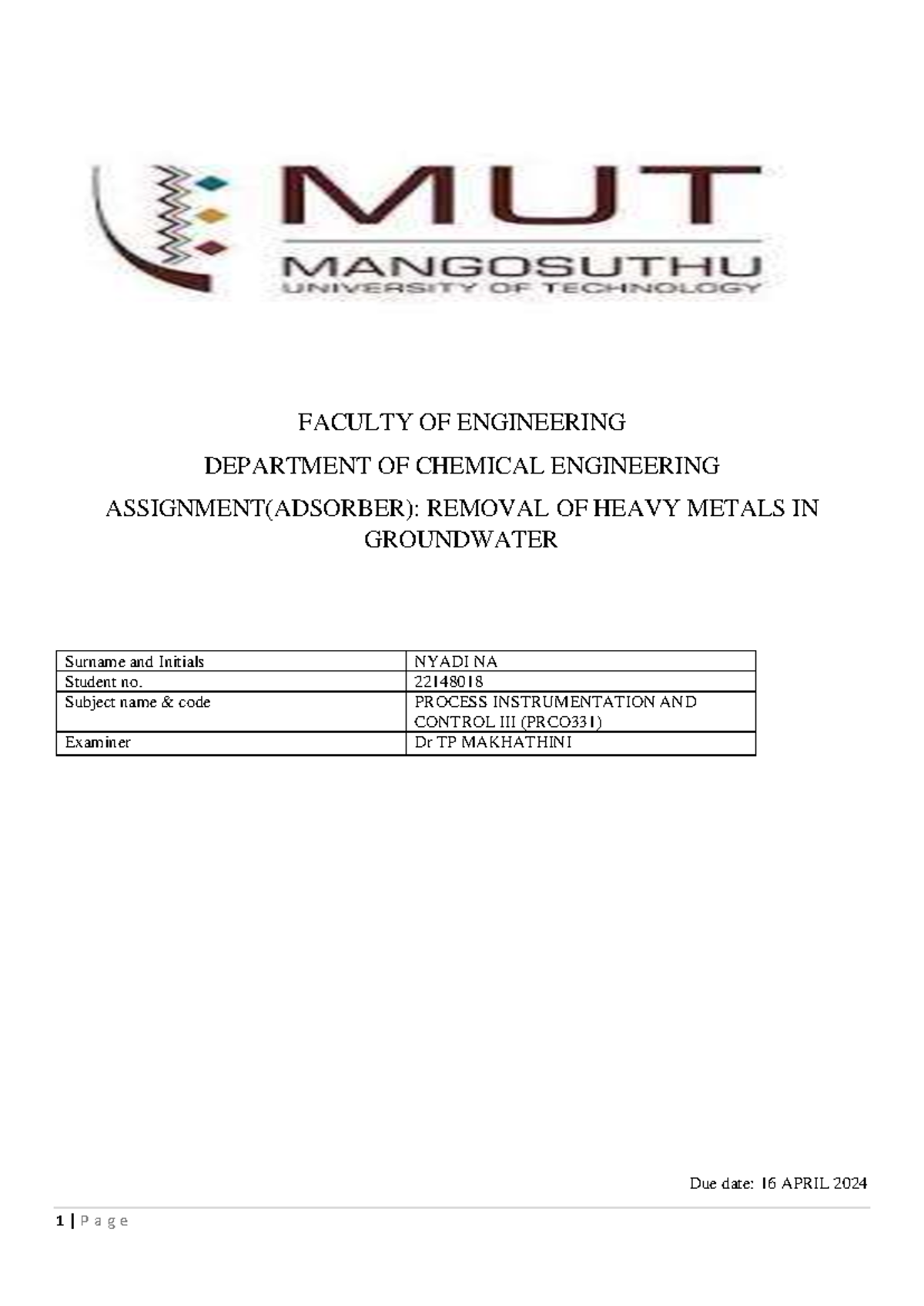 22148018 N A Nyadi Adsorber Watrer Treatment - FACULTY OF ENGINEERING ...