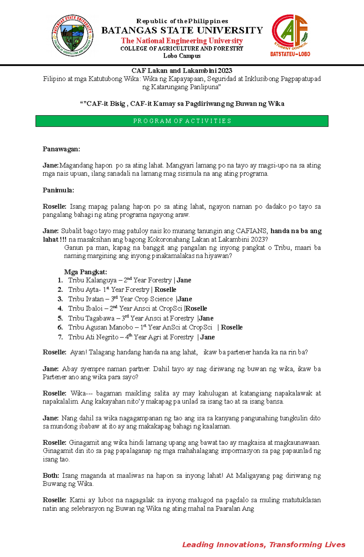 Lakan at Lakambini Outline 2023 - BATANGAS STATE UNIVERSIT Y The ...