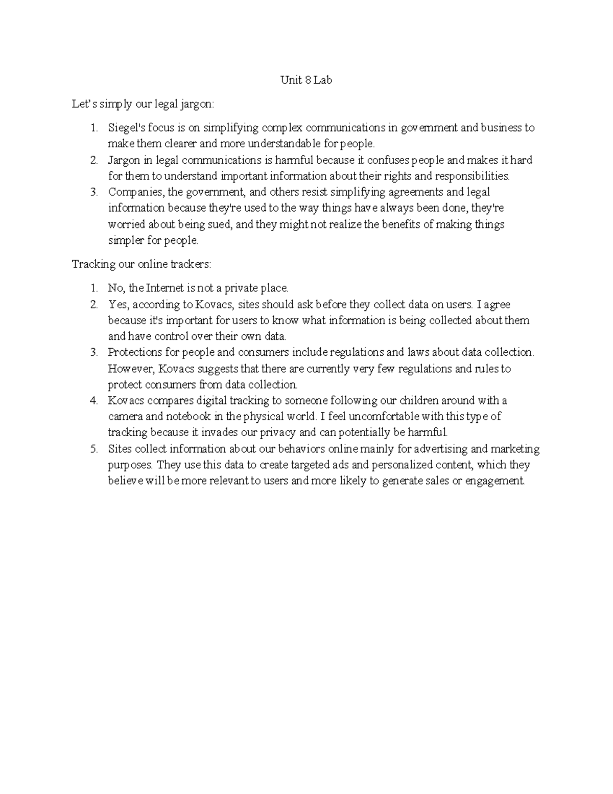 Unit 8 Lab - Lab assignment - Unit 8 Lab Let’s simply our legal jargon: Siegel's focus is on ...