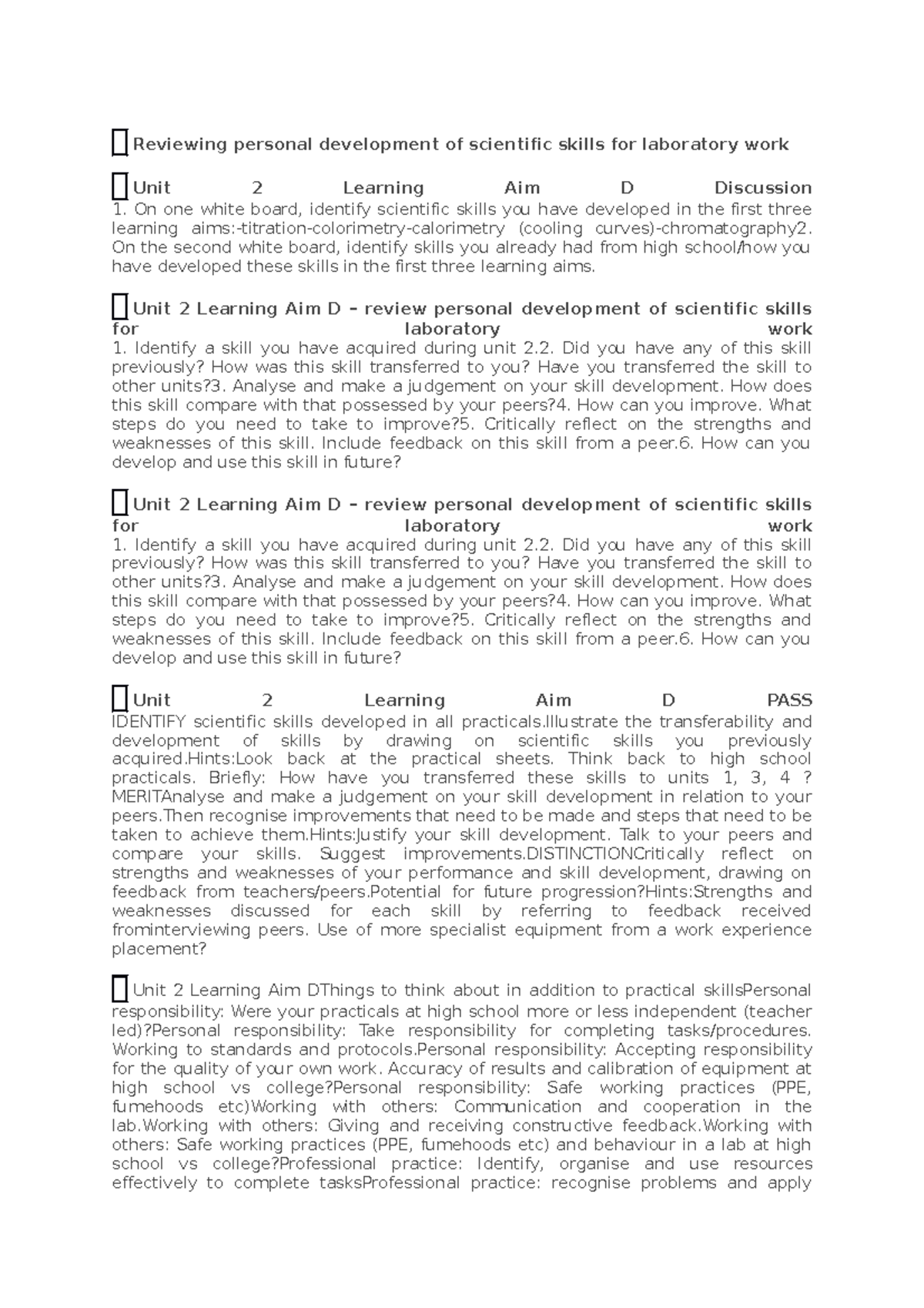 Learning aim D - Help sheet - 1 Reviewing personal development of ...