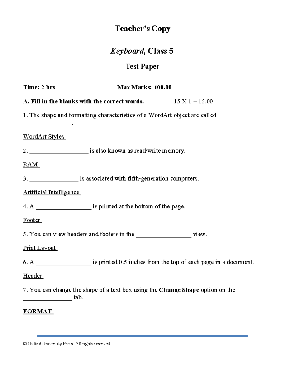 Class 5 ICT MID TERM Paper DEC 2023 - Teacher's Copy Keyboard, Class 5 ...