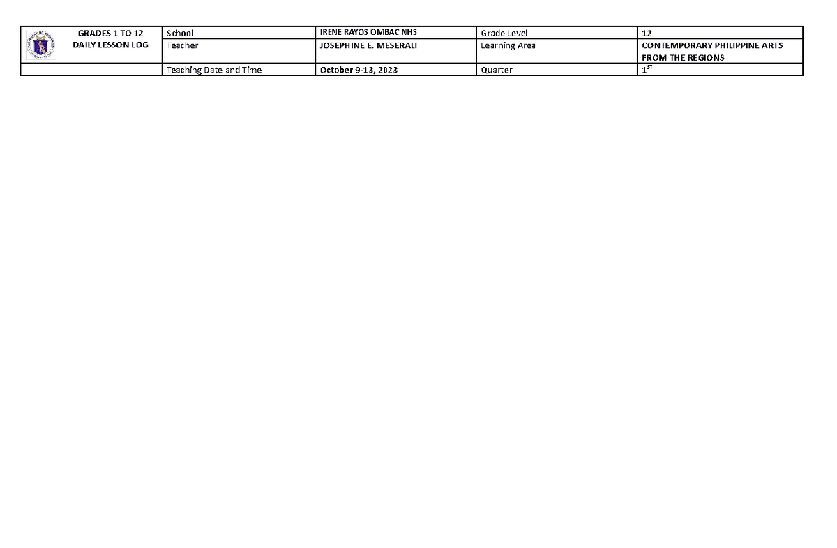 CPAR- Module-4 - GREAT - GRADES 1 TO 12 DAILY LESSON LOG School IRENE ...