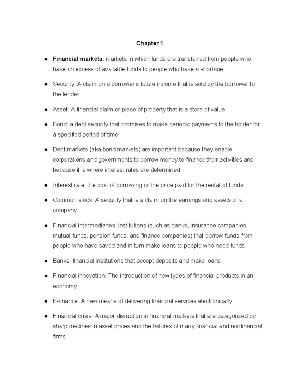 EC223 Text Notes - Prof. Angela Trimarchi - Chapter 1 Financial markets ...