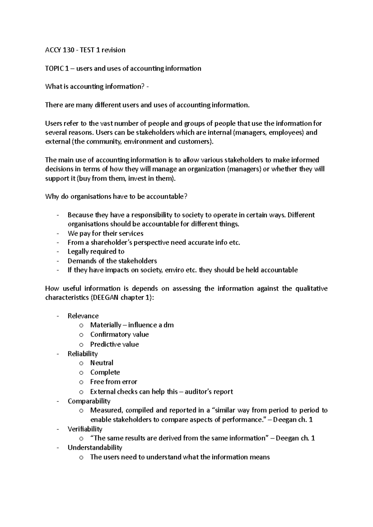 ACCY 130 Test 1 Revision Notes ACCY 130 TEST 1 Revision TOPIC 1