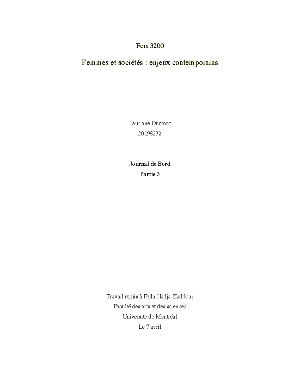 Journal de bord 3 Fem 3200 - Fem 3200 Femmes et sociétés : enjeux ...