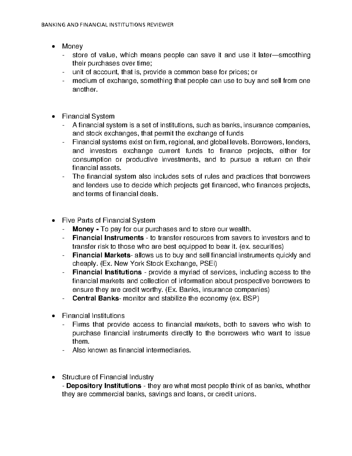 Introduction to Banking and Financial Institution Reviewer - Studocu