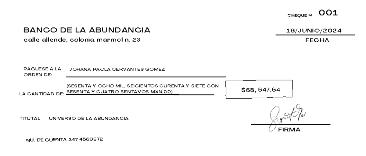 Cheque - Contabilidad - PÁGUESE A LA ORDEN DE: BANCO DE LA ABUNDANCIA ...