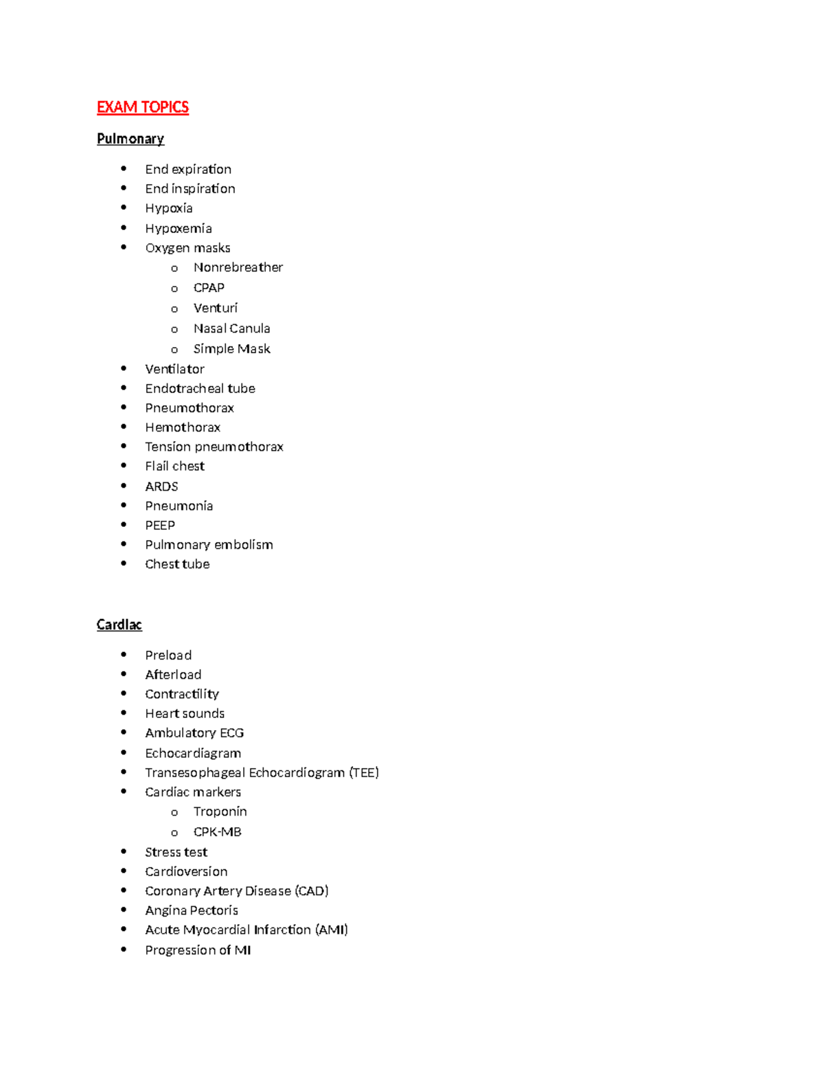 Med Surg 2 Exam Topics - EXAM TOPICS Pulmonary End expiration End ...