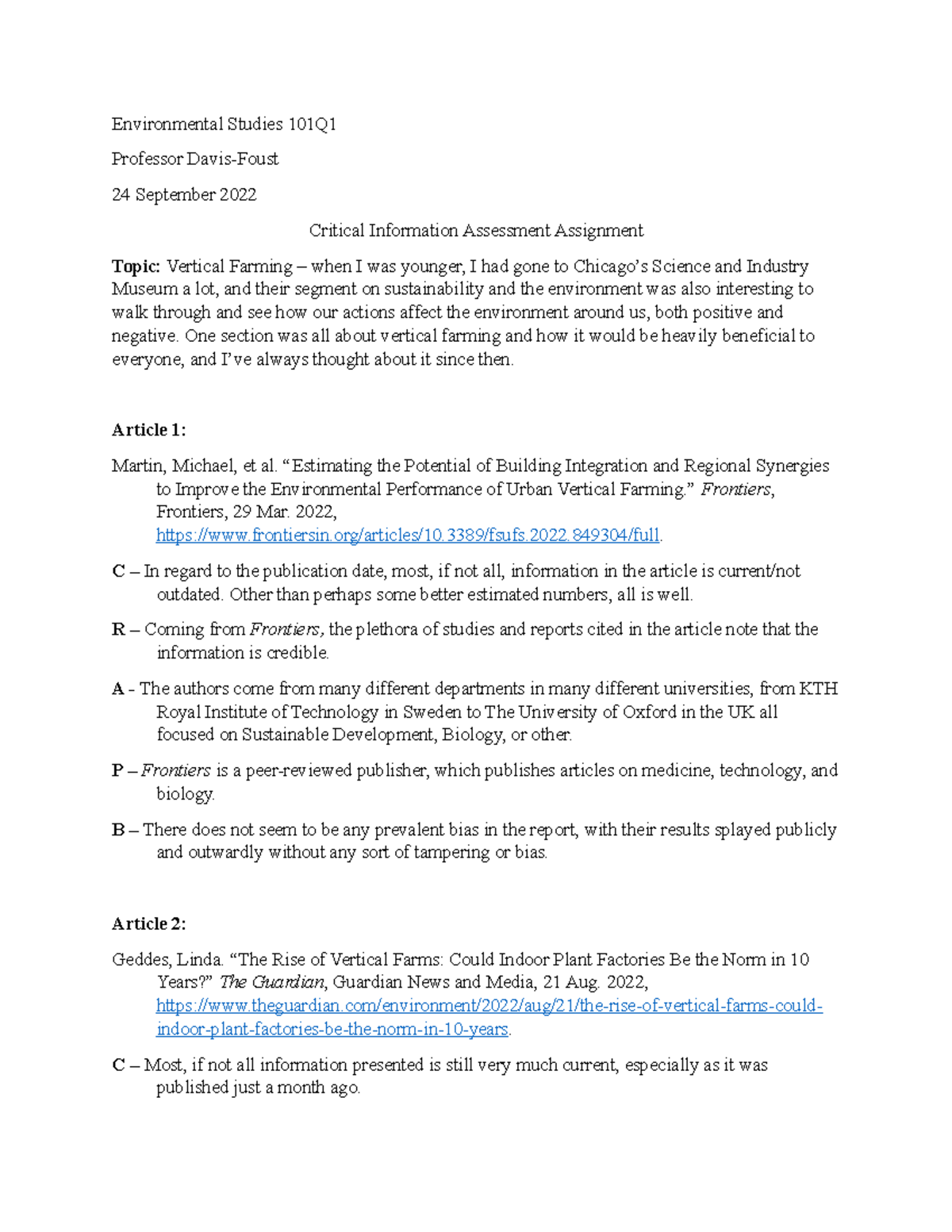 ENV STUD 101Q1 - Critical Information Assessment - Environmental ...