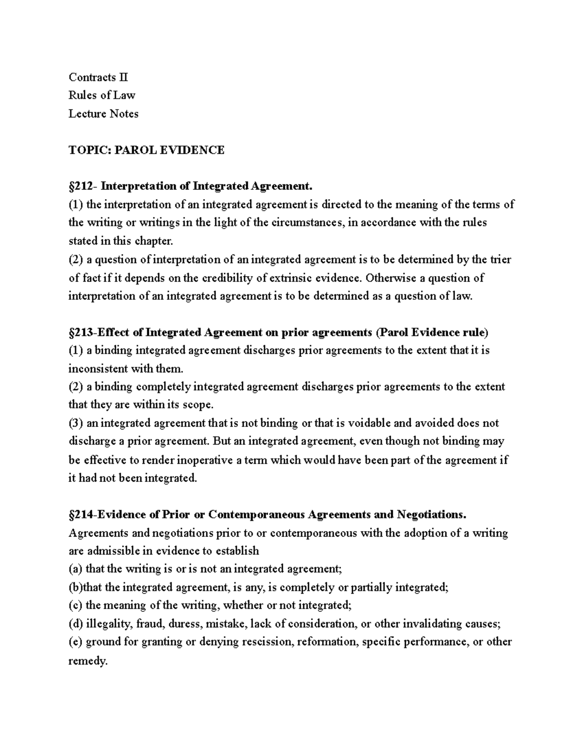 Parol Evidence §212-218 - Contracts II Rules of Law Lecture Notes TOPIC ...