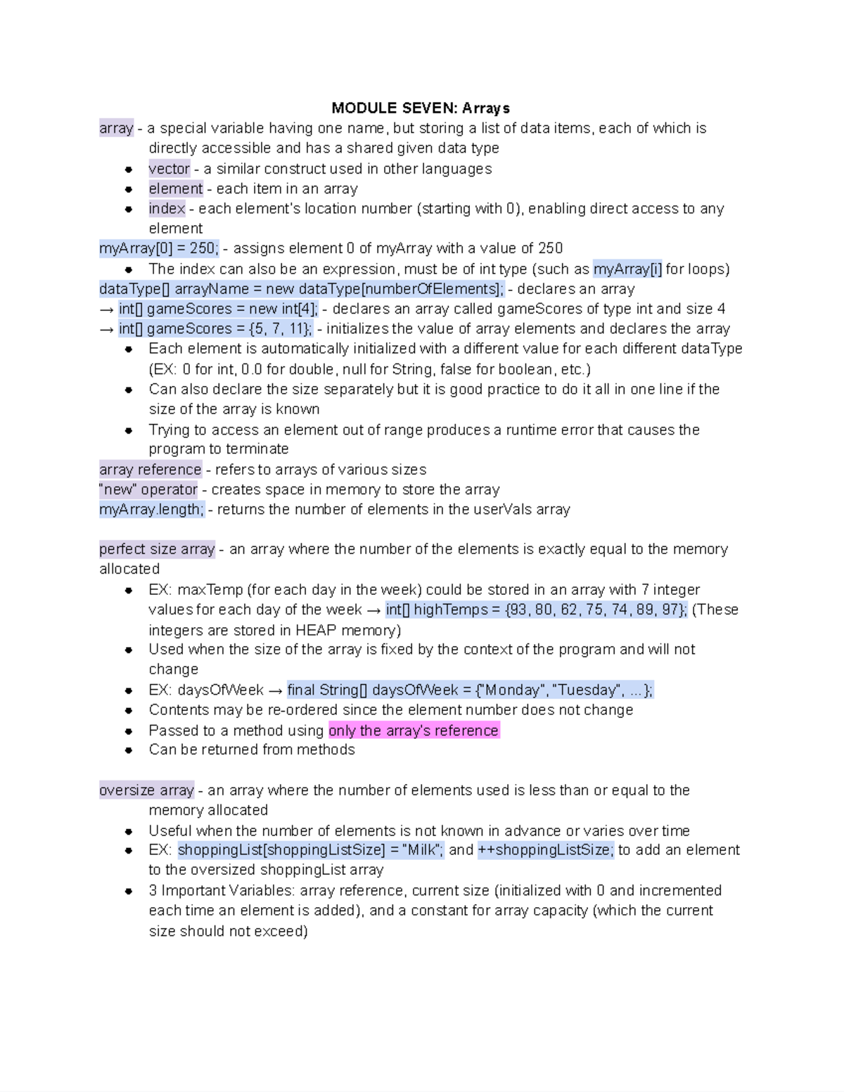 CS 200 Programming 1 [JAVA] Modules 7-8 - MODULE SEVEN: Arrays array - a special variable having ...