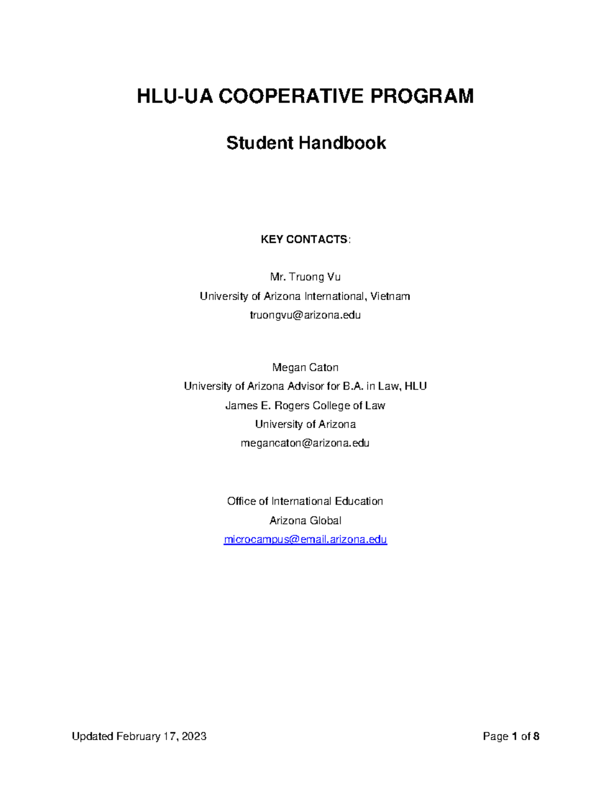 HLU Student Handbook - HLU-UA COOPERATIVE PROGRAM Student Handbook KEY ...