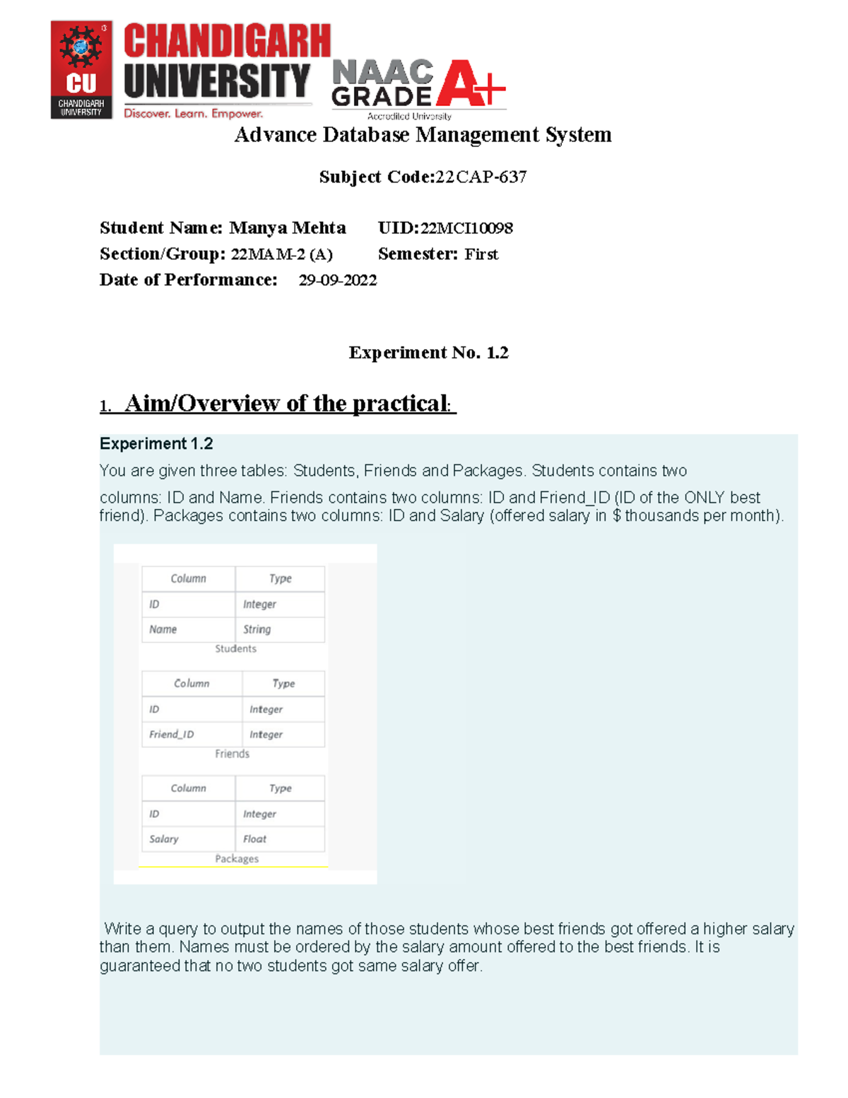 22MCI10098 Manya mehta(adbms-1 - Advance Database Management System ...