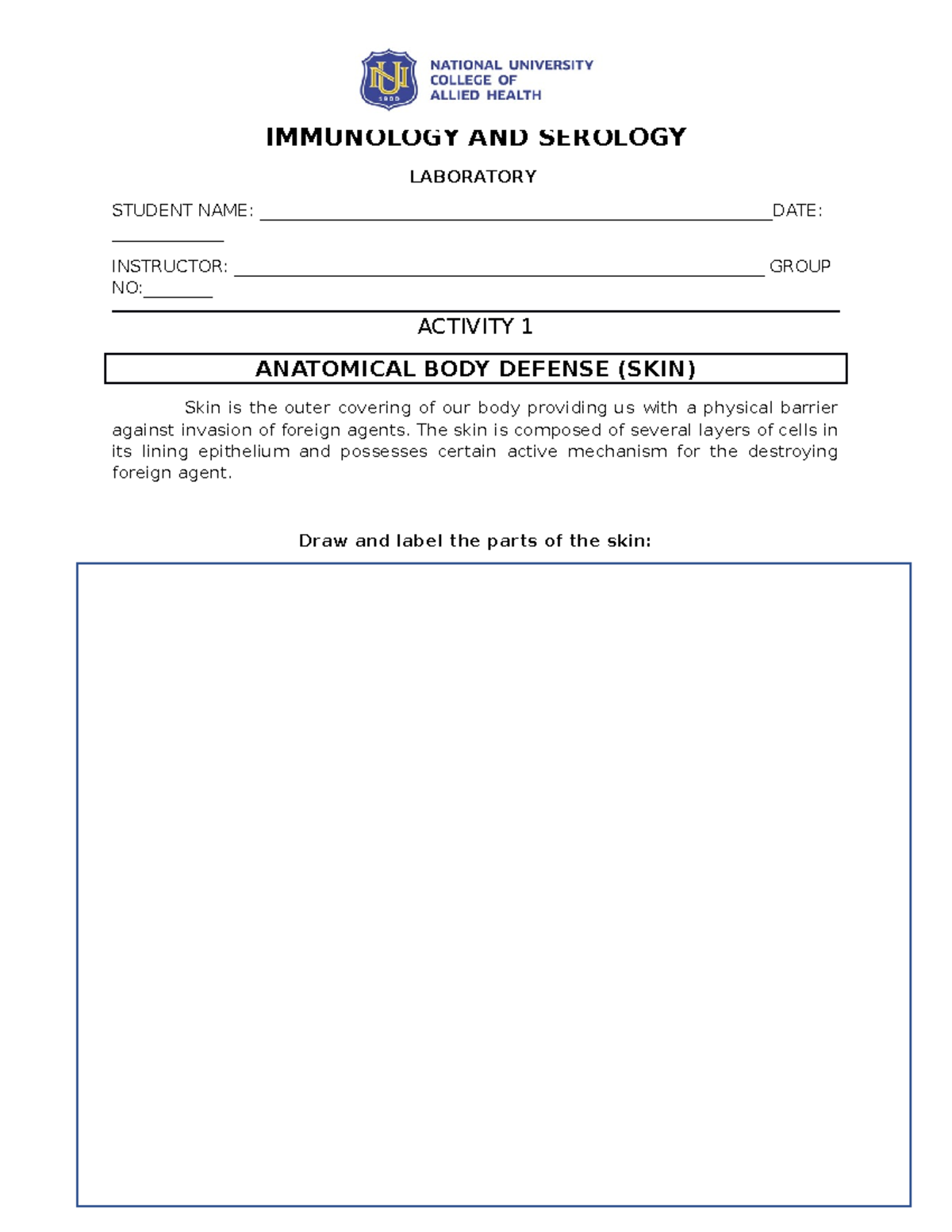 Activity 1 - SEATWORK - IMMUNOLOGY AND SEROLOGY LABORATORY STUDENT NAME ...