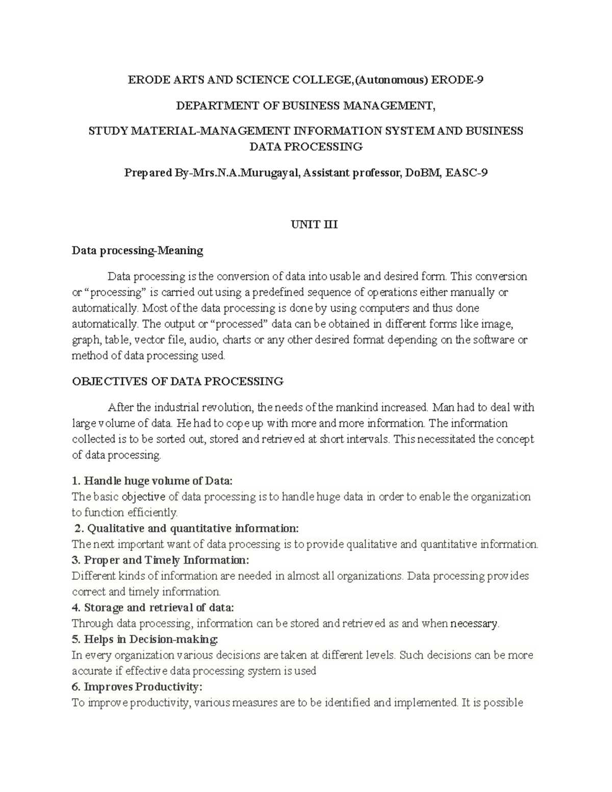 MIS Notes-UNIT-III - Notes - ERODE ARTS AND SCIENCE COLLEGE,(Autonomous ...