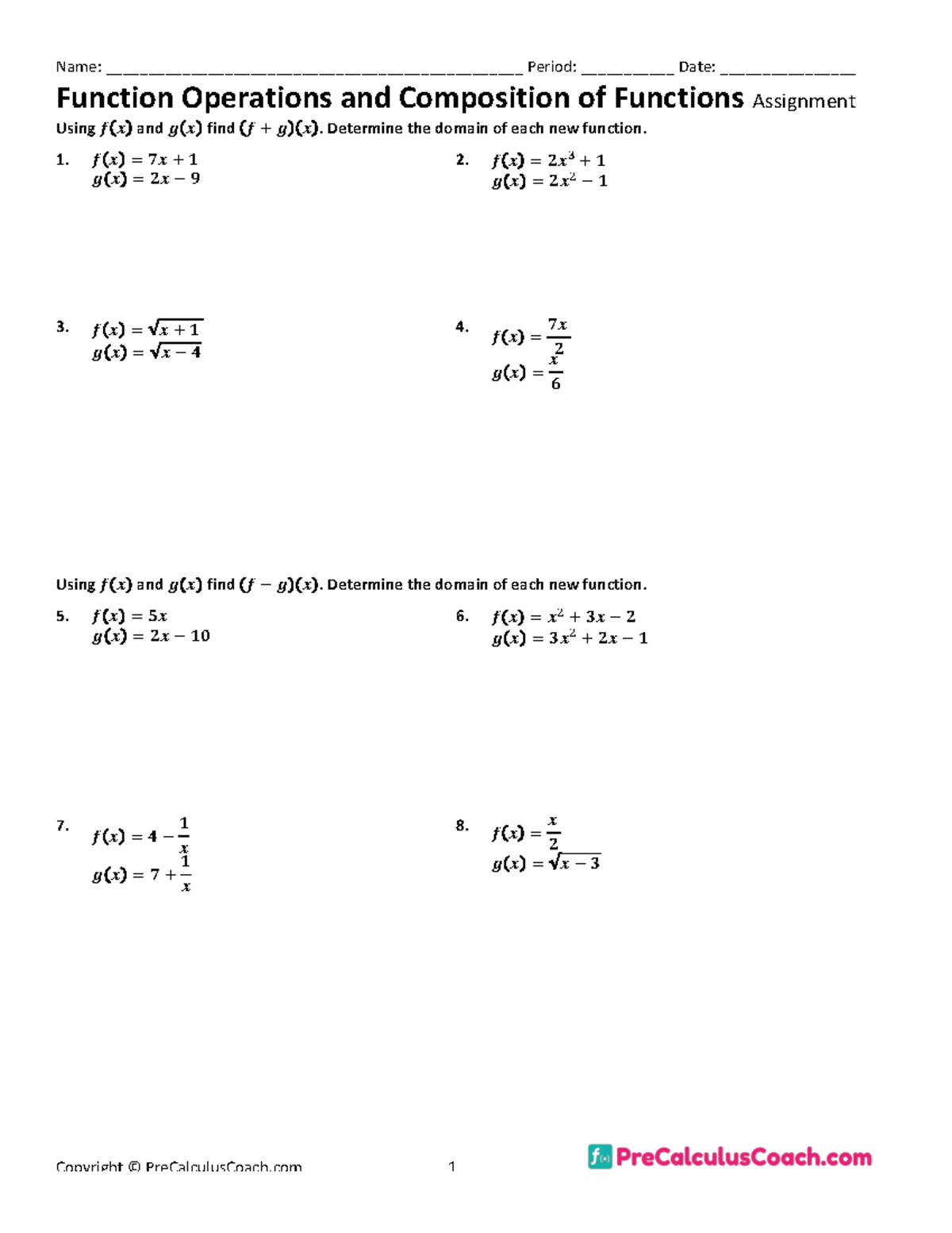1 6 Assignment Function Operations and Composition of Functions College 