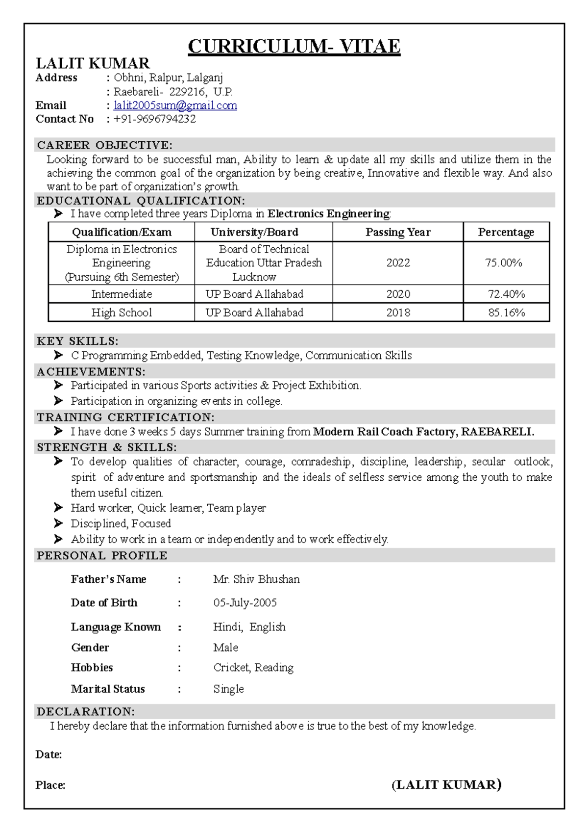 Polytechnic Lalit CV - good - CURRICULUM- VITAE LALIT KUMAR Address ...