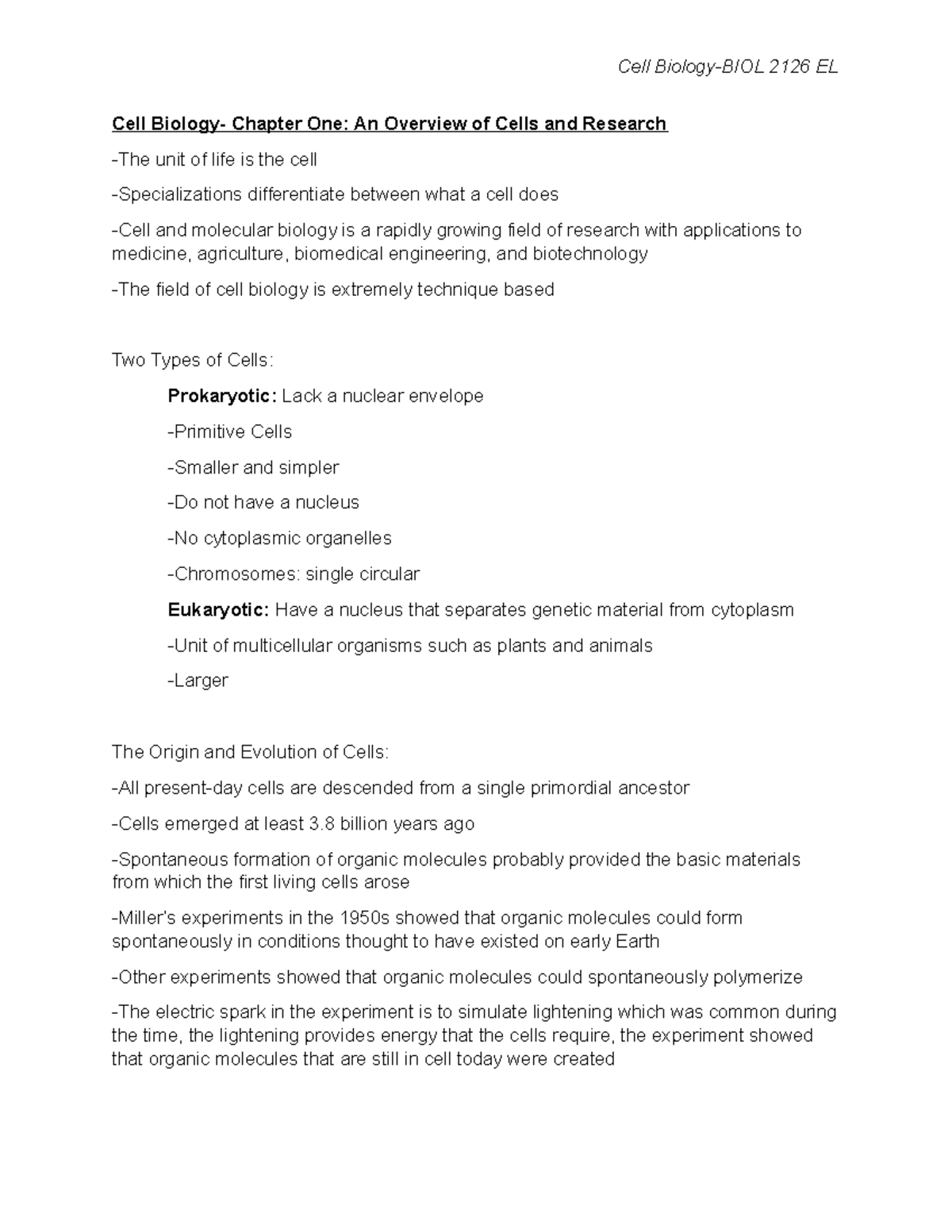 Cell Biology Lecture Notes - Cell Biology- Chapter One: An Overview of ...